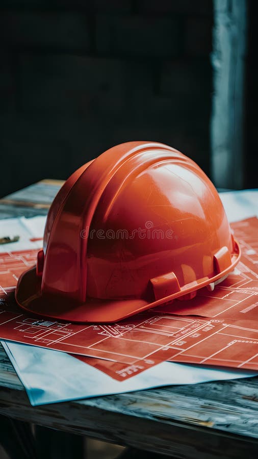 Hard Hat Atop Red Blueprints, Symbolizing Construction Planning on ...
