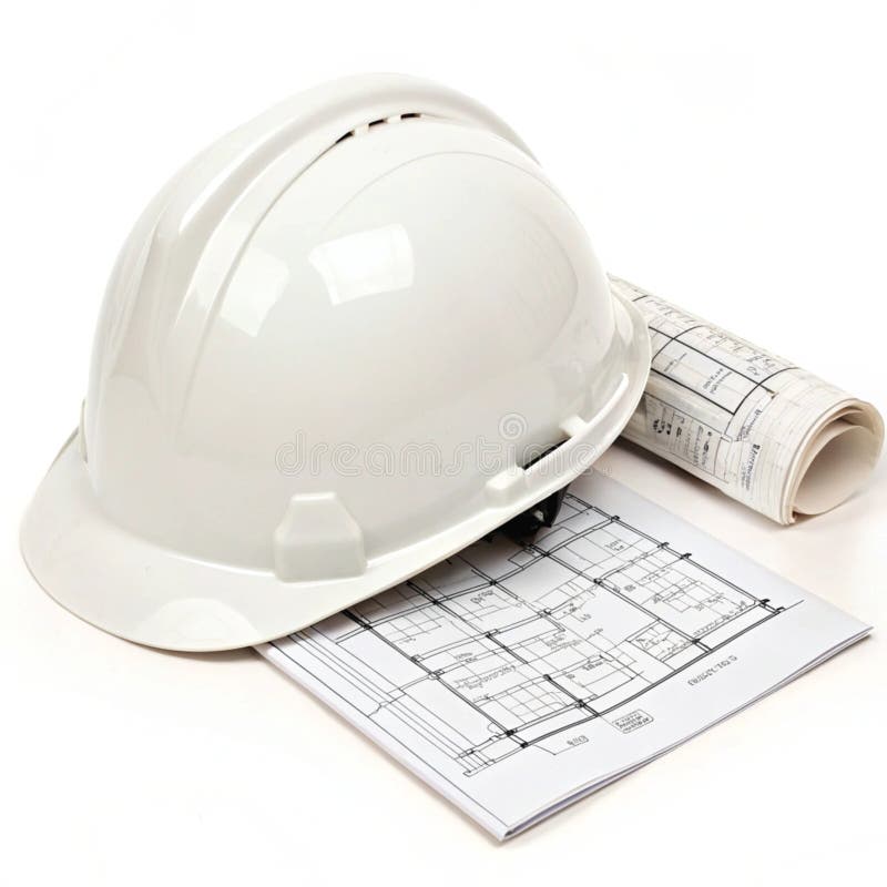 Hard Hat with Blueprint on White Background Stock Illustration ...