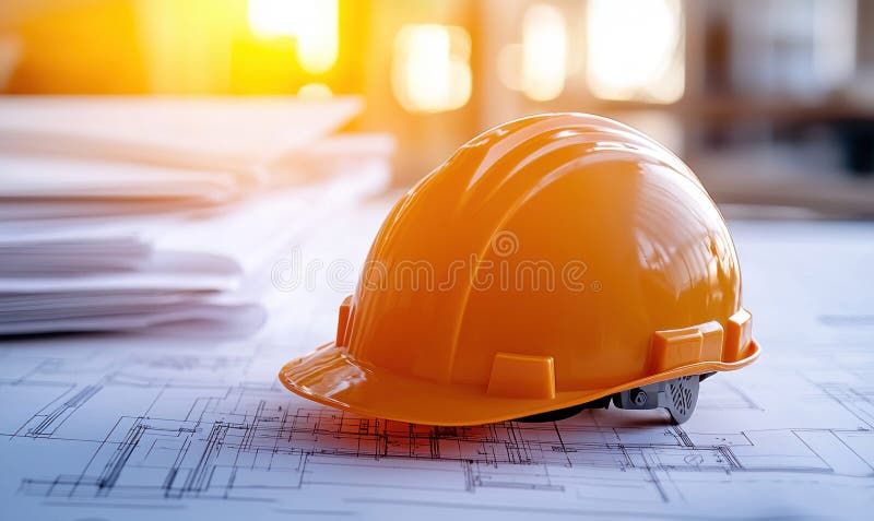 Hard Hat on Blueprints stock image. Image of protective - 367817161