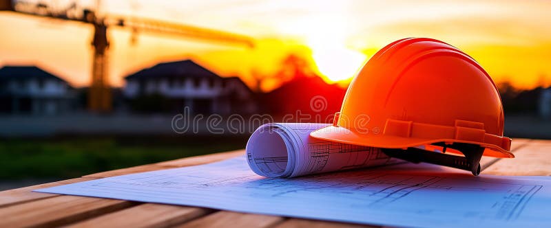 Hard Hat and Blueprints on Table at Sunset, with Houses and Crane in ...