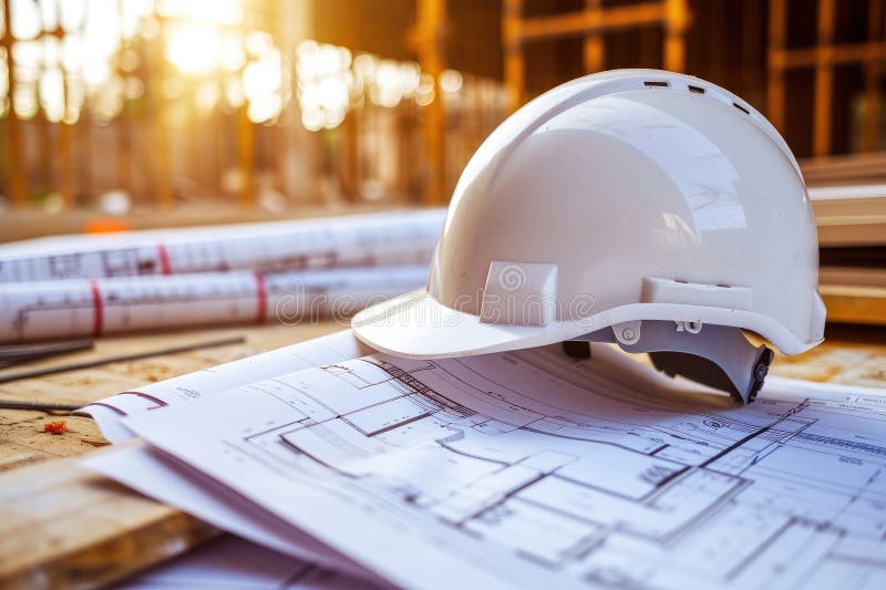Hard Hat on Construction Plans, Safety and Planning for a Construction ...