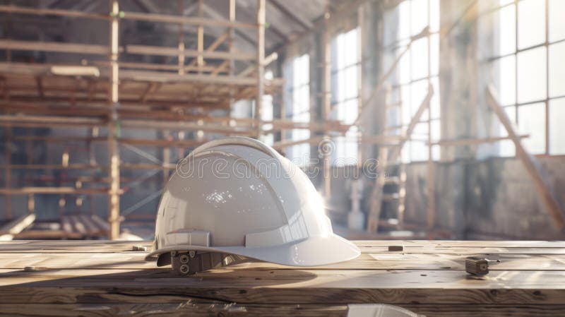 Hard Hat on Construction Site Table, Generative AI Stock Photo - Image ...