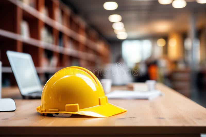 Yellow Hard Hat on the Desk in the Office. Industrial Background Stock ...