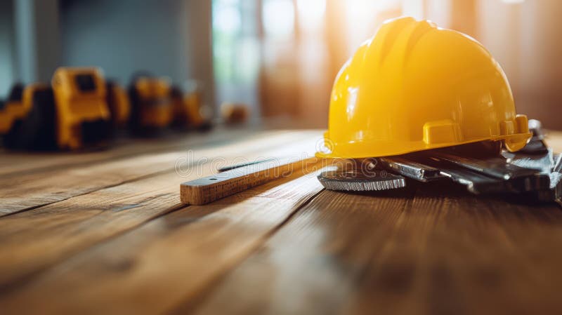 A Hard Hat and Hammer Rest on a Wooden Table, Symbolizing Construction ...