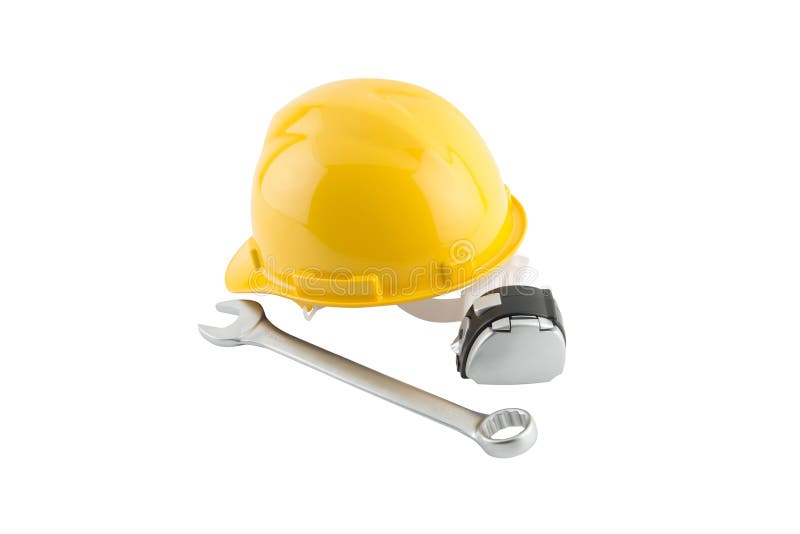 Hard Hat and Measure Tape on White Background. Stock Photo - Image of ...