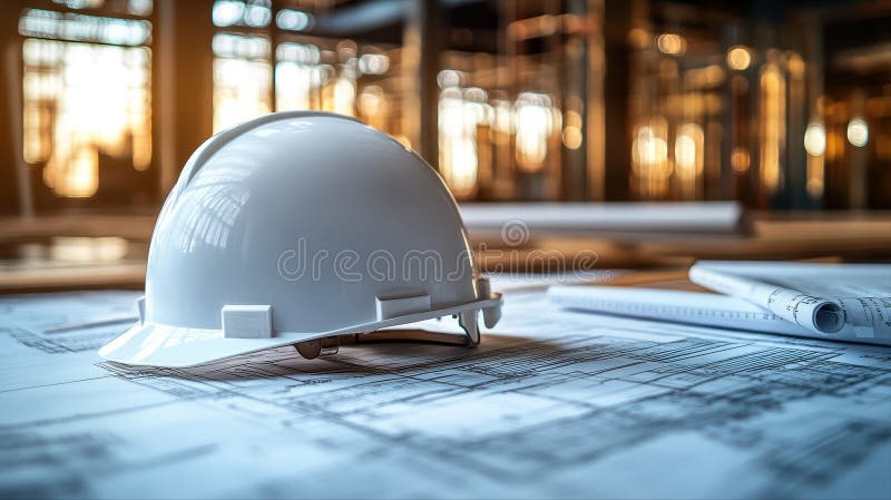 Hard Hat Placed on Blueprint for Construction Project Management and ...