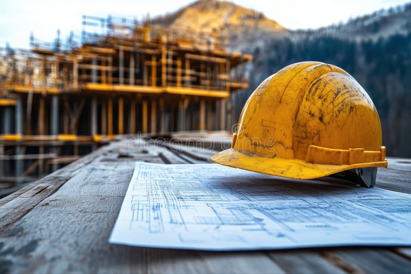 Hard Hat Placed on a Construction Site with Project Management ...