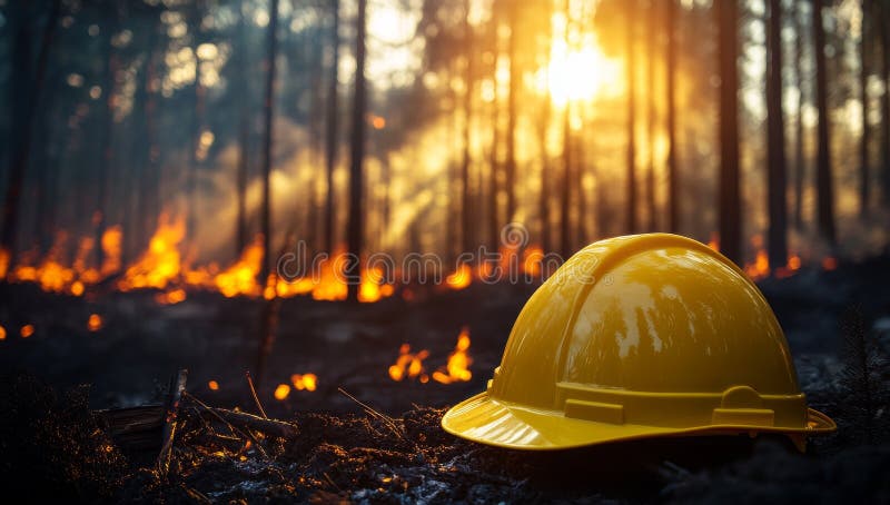 A Hard Hat is Placed on the Ground in Front of a Burning Forest ...