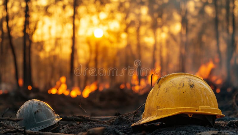 A Hard Hat is Placed on the Ground in Front of a Burning Forest ...