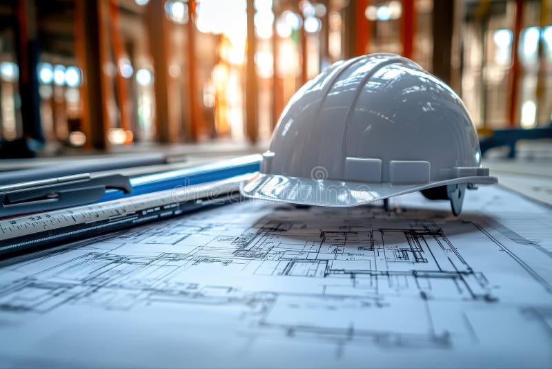 Hard Hat Placed on Top of Construction Blueprint Representing Project ...