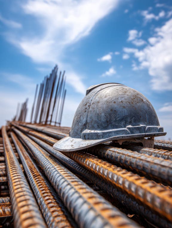 Hard Hat Resting on Rebar Stack Under a Bright Blue Sky at a ...