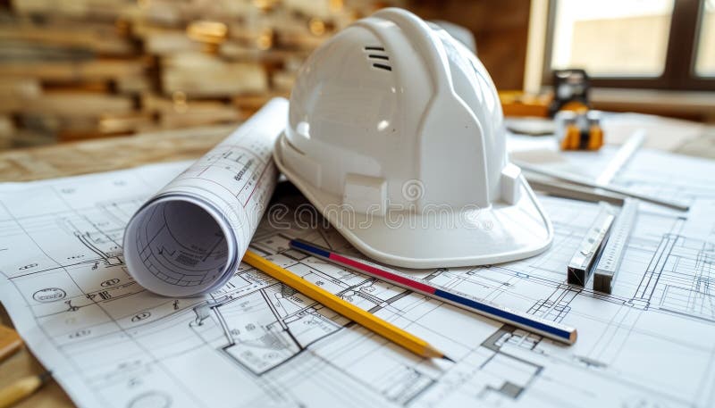 Hard Hat Rests on Blueprint Atop Table, Part of Engineering Display ...