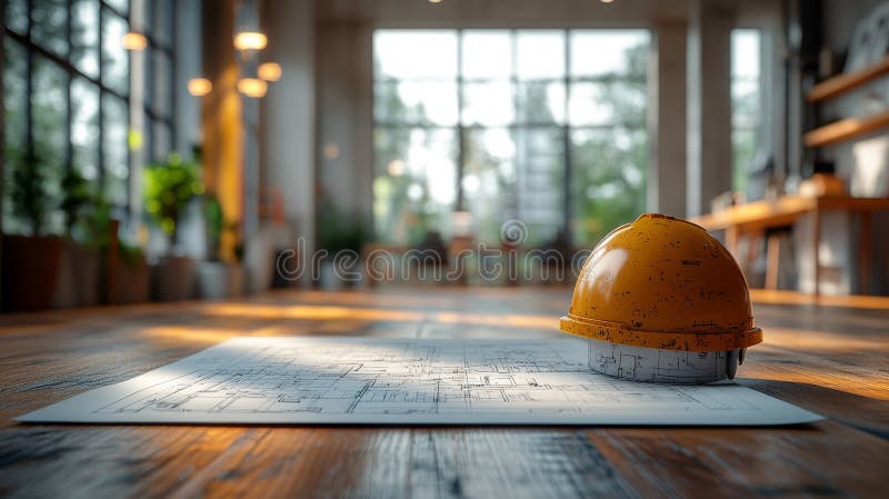 Hard Hat Rests on Blueprints in Office Stock Illustration ...