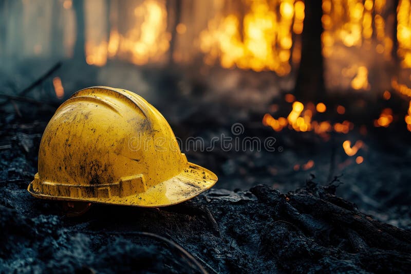 A Hard Hat Rests on Charred Ground, Surrounded by Flames in a Forest ...