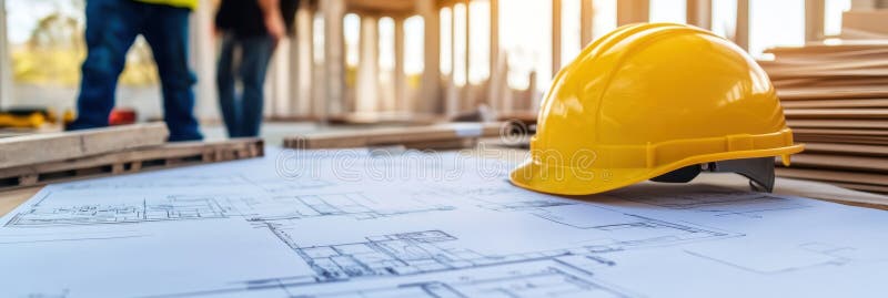 A Hard Hat Rests on a Table beside a Detailed Building Plan. Stock ...