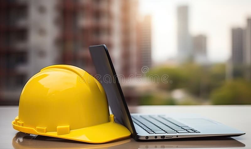 Hard Hat and Safety Equipment on Desk with Construction Plans Creating ...