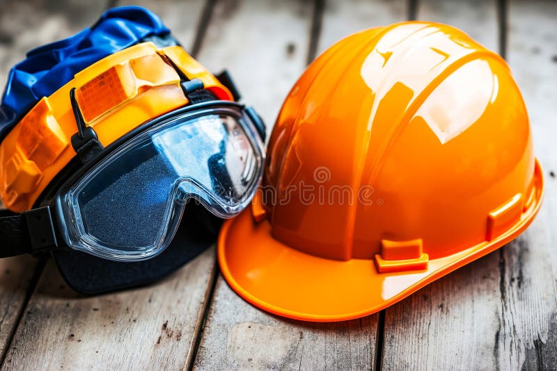 A Hard Hat and Safety Goggles on a Wooden Table Stock Photo - Image of ...
