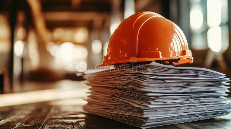 Hard Hat on a Stack of Documents on a Desk. Stock Photo - Image of ...