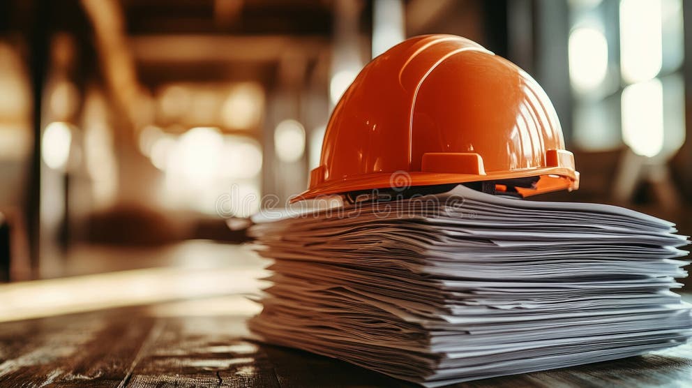 Hard Hat on a Stack of Documents on a Desk. Stock Photo - Image of ...