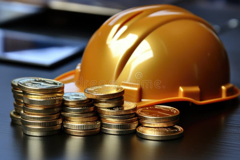 A Hard Hat and Stacks of Coins on a Table, AI Stock Photo - Image of ...