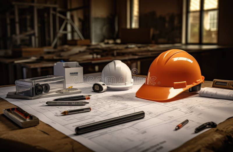 A Hard Hat and Tin Box Sit on Top of Architectural Plans Stock Photo ...