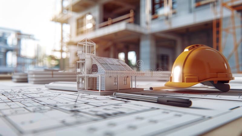 A Hard Hat is on Top of a Ruler and a Sheet of Paper Stock Image ...
