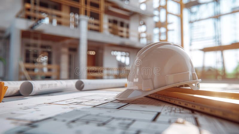 A Hard Hat is on Top of a Ruler and a Sheet of Paper Stock Photo ...