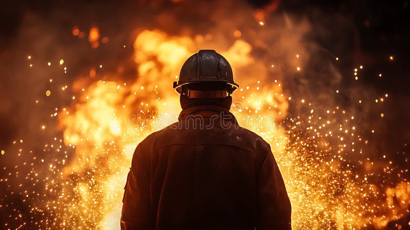 A Hard Hat Wearing Worker Observing a Fiery Explosion Stock Photo ...