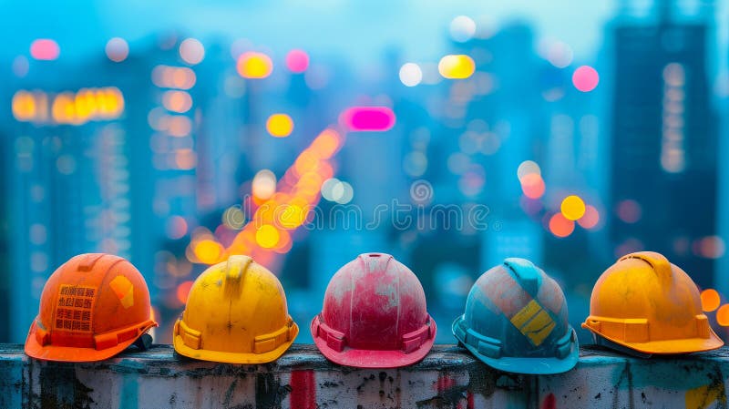 Hard Hats Line the Skyline: Construction in Progress. Stock ...