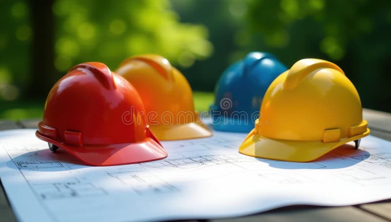 Hard Hats Shadow Blueprints, Green Foliage Backdrop, Building ...