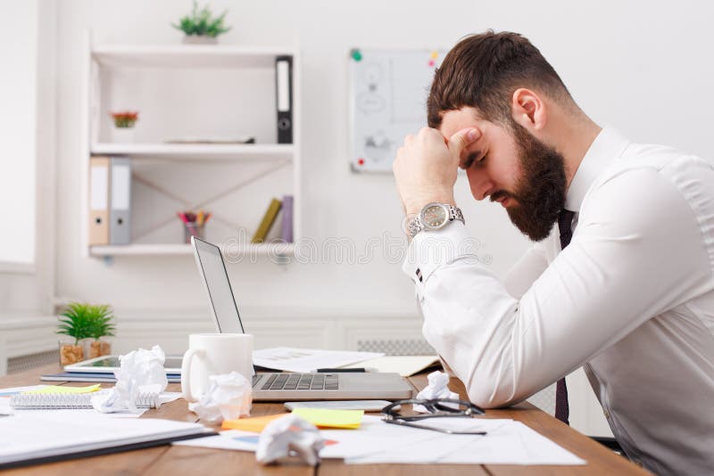 Young Exhausted Businessman Thinking about Solution in White Office ...
