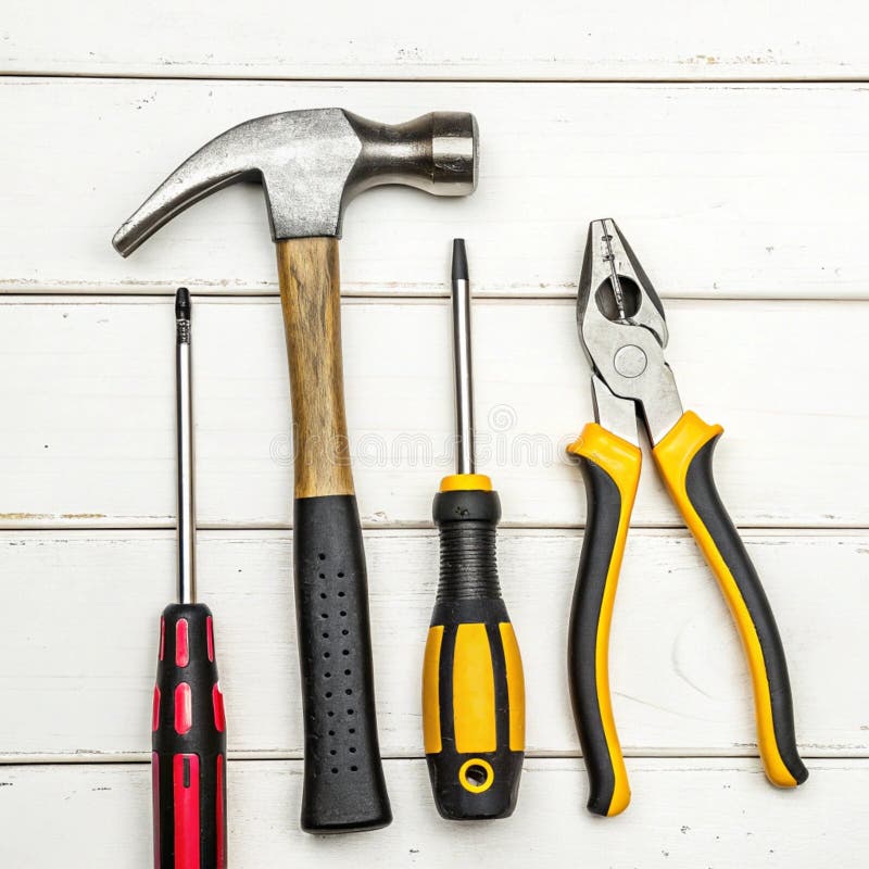 Hard Tools on a Wooden Desk Isolated on White Background Stock ...