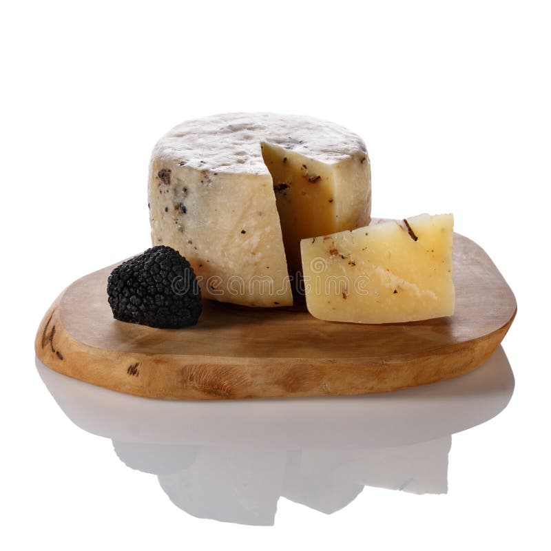 Hard Truffle Cheese and Black Truffles in Wooden Bowl Isolated on White ...