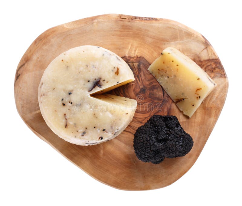 Hard Truffle Cheese and Black Truffles on a Cutting Board Isolated on ...