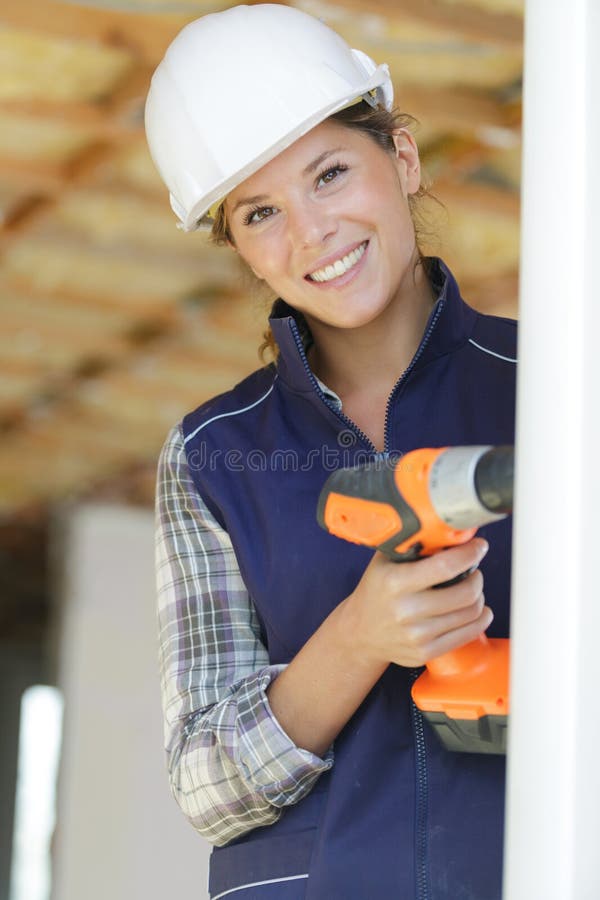 Hard Work Woman Builder with Drill Tool Stock Image - Image of ...