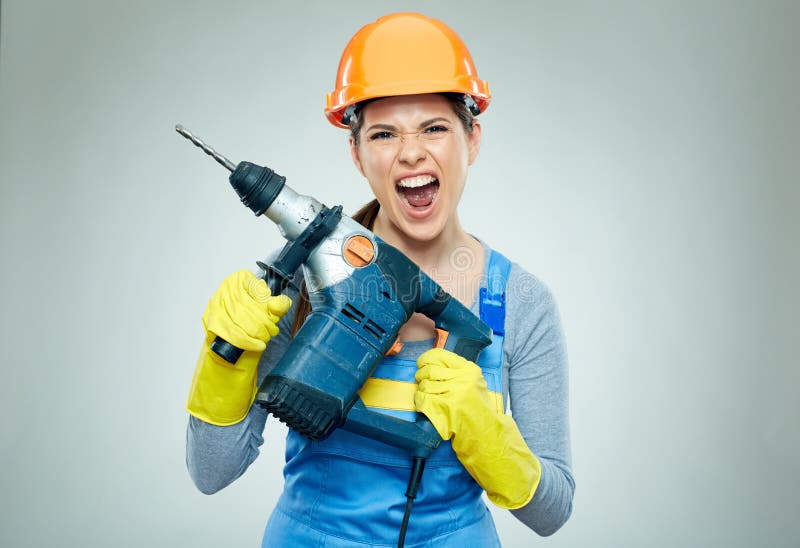 Hard Work of Woman Builder with Drill Tool. Stock Image - Image of ...