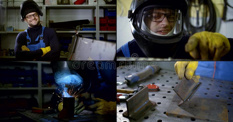 Hard Worker is Working in Workshop of Plant, Collage Shot of Welding ...