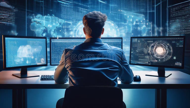 Hard-working, Cyber Security Man Sits Hunched Over Their Computer ...