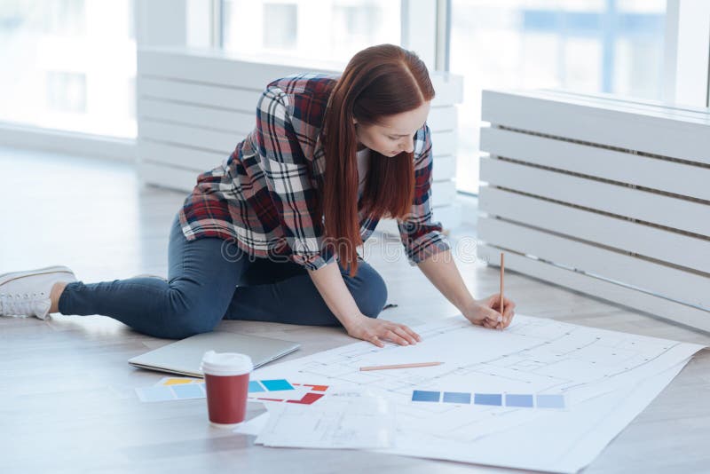 Hard Working Female Engineer Doing a Drawing Stock Image - Image of ...