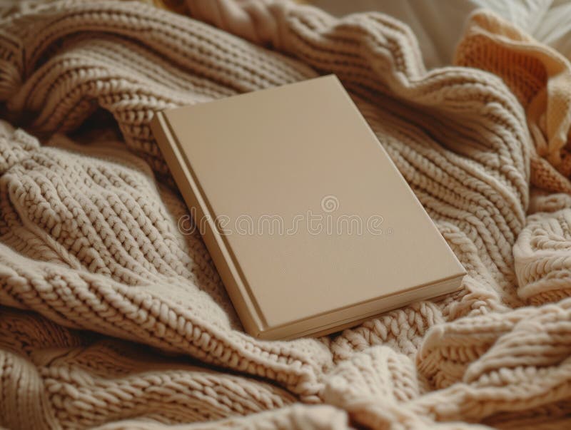 Hardcover Beige Book Mockup Placed on Bed among Knitted Throw. Studio ...