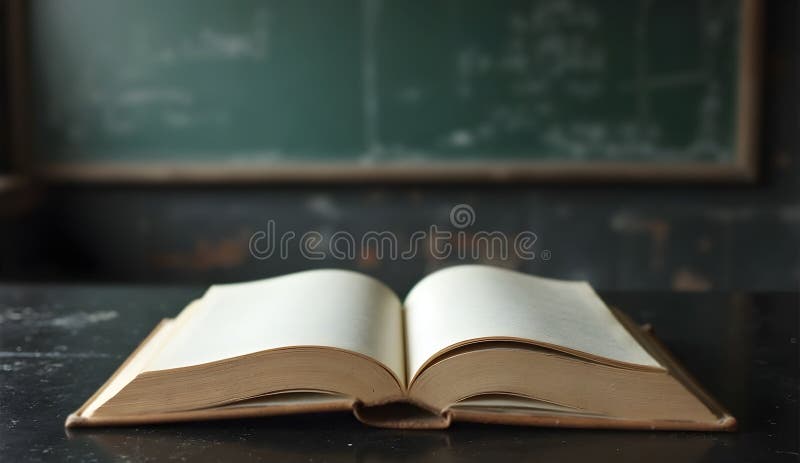 Hardcover Book with Blank Pages Open on Black School Desk in Empty ...