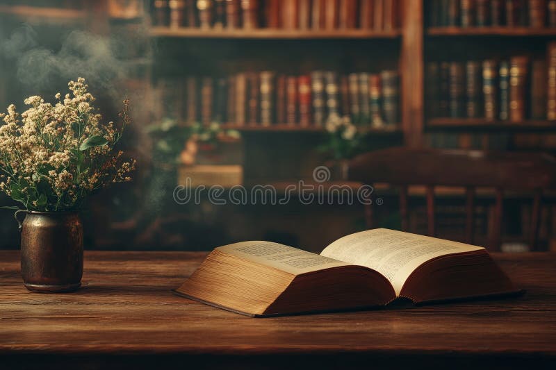Hardcover Book Lying Open on Rustic Table in Cozy Library Setting for ...