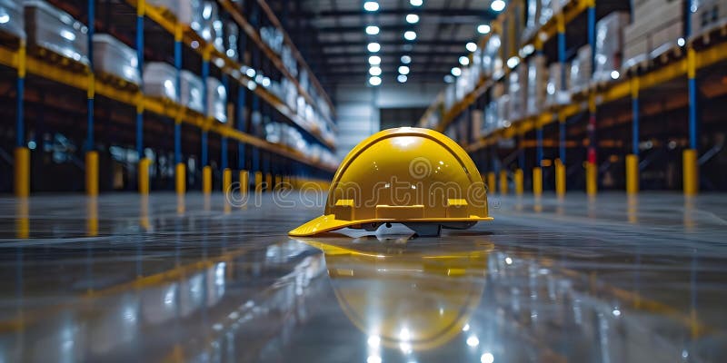 Hardhats Placed Inside a Secure Warehouse Emphasizing Workplace Safety ...