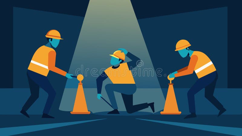 Hardhatted Construction Workers Working Under the Floodlights Their ...