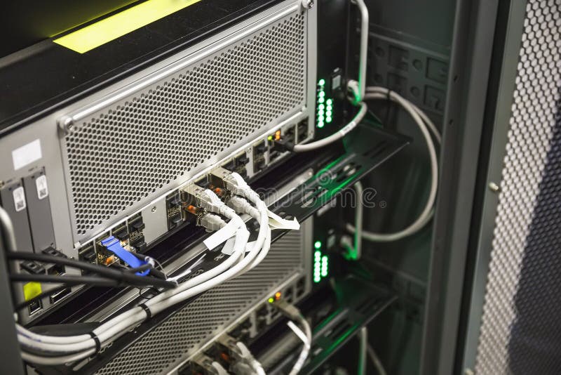 Hardware Equipment with Data Optic Cables in Network Server Room ...