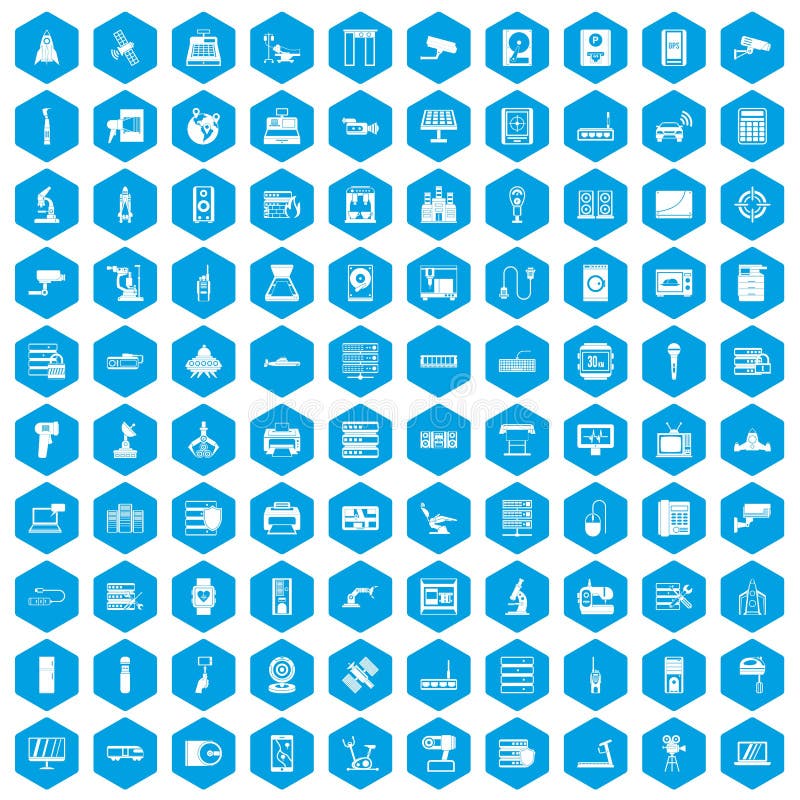 100 Hardware Icons Set Blue Stock Vector - Illustration of factory ...