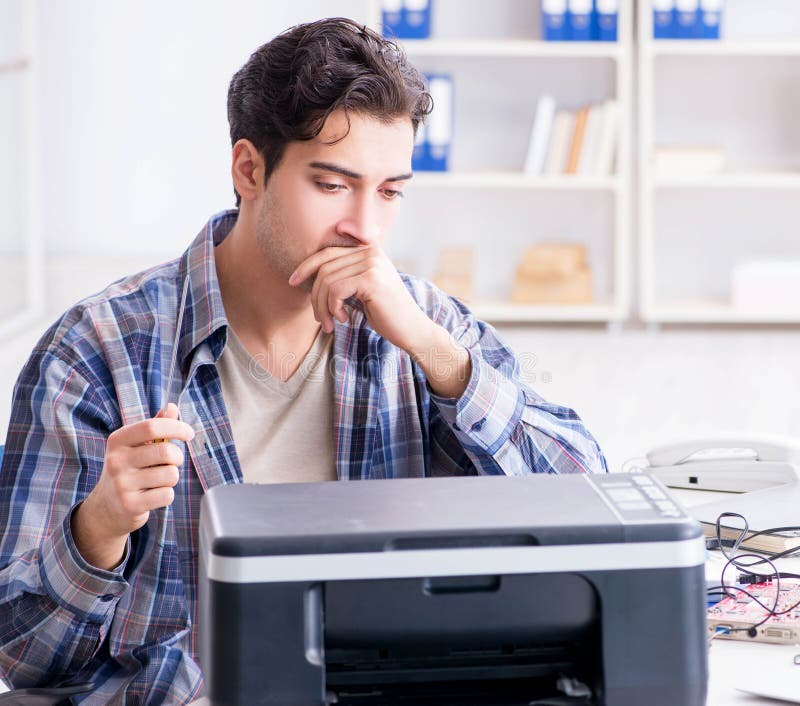 The Hardware Repairman Repairing Broken Printer Fax Machine Stock Image ...