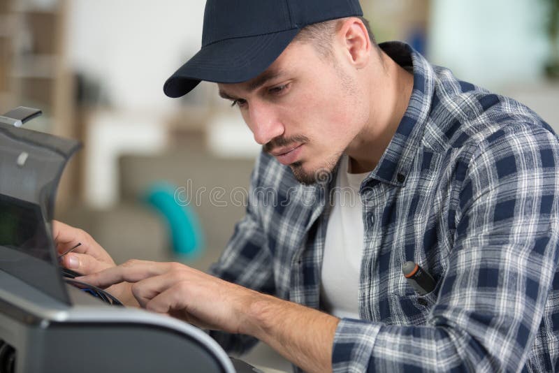 Hardware Repairman Repairing Broken Printer Fax Machine Stock Photo ...