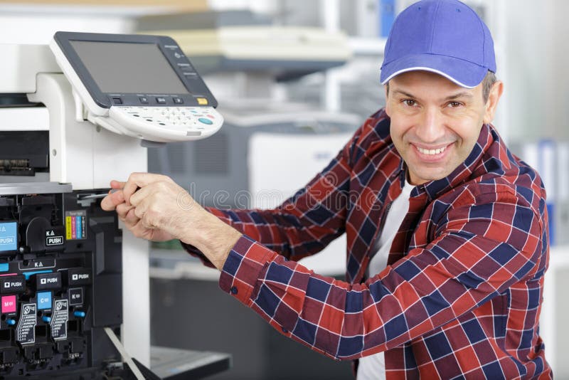 Hardware Repairman Repairing Broken Printer Fax Machine Stock Photo ...