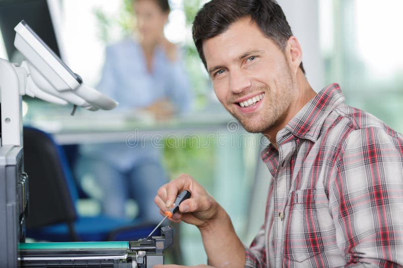 Hardware Repairman Repairing Broken Printer Fax Machine Stock Photo ...